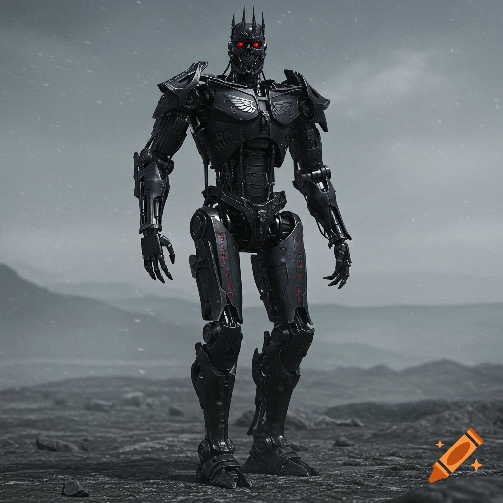 Black robot king with red eyes standing in a desolate landscape. on Craiyon