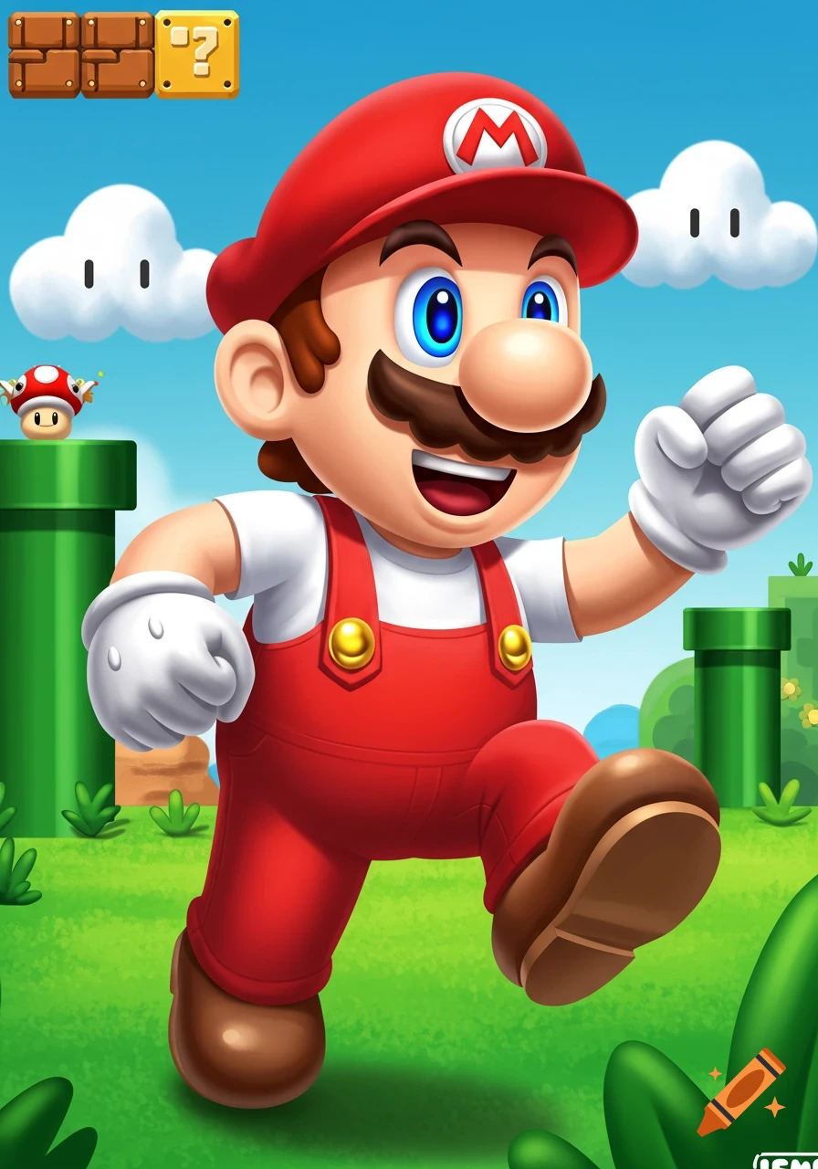 Mario runs through a colorful game level with pipes, blocks, and a ...