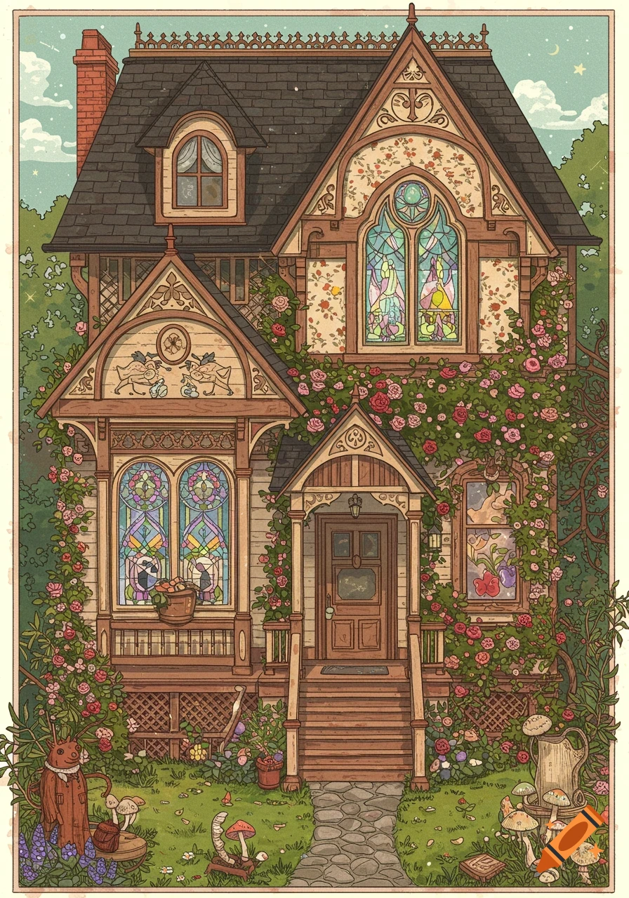Illustrated whimsical victorian house covered in roses with stained ...