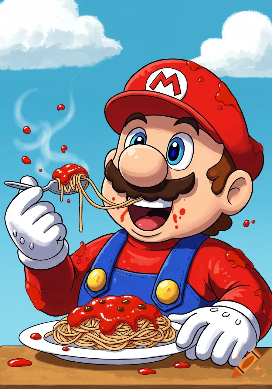 Cartoon illustration of Mario eating spaghetti messily, covered in ...
