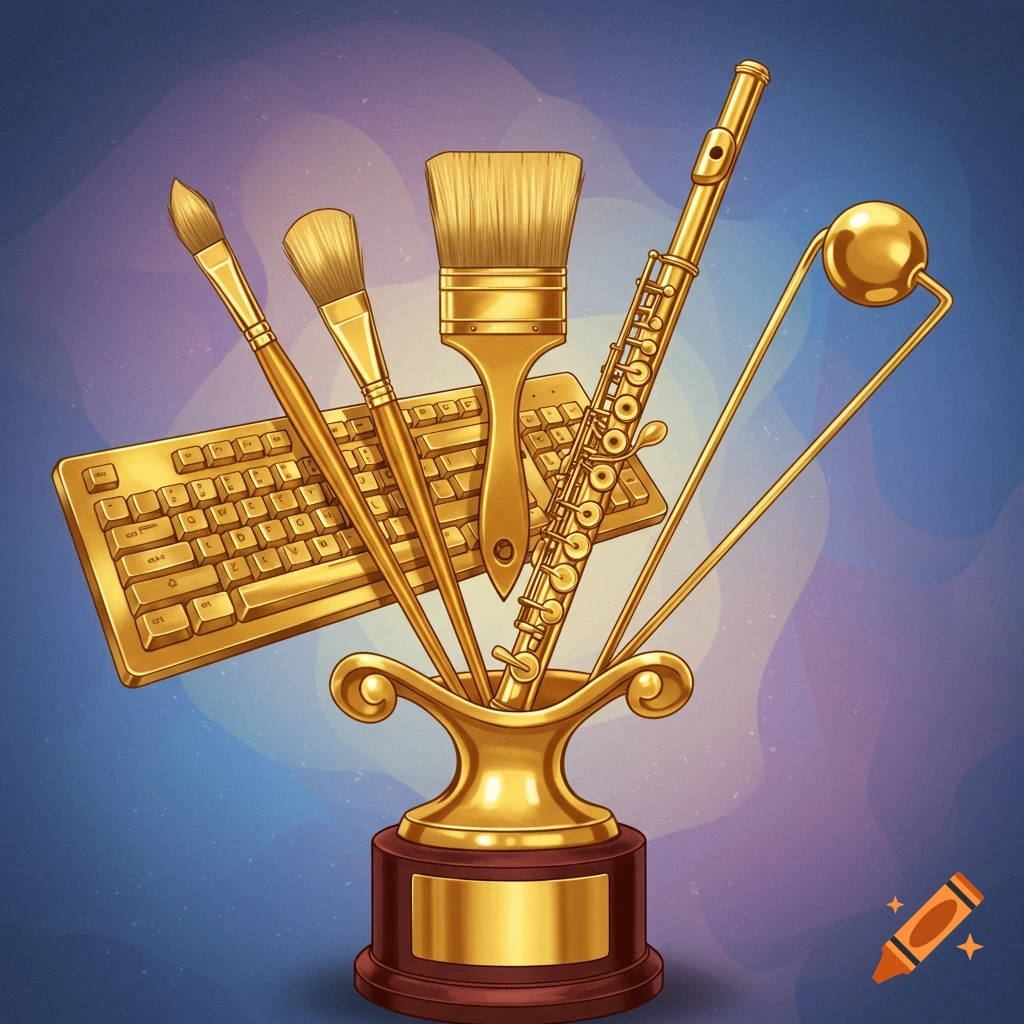 Golden trophy overflowing with golden paint brushes, keyboard, flute ...