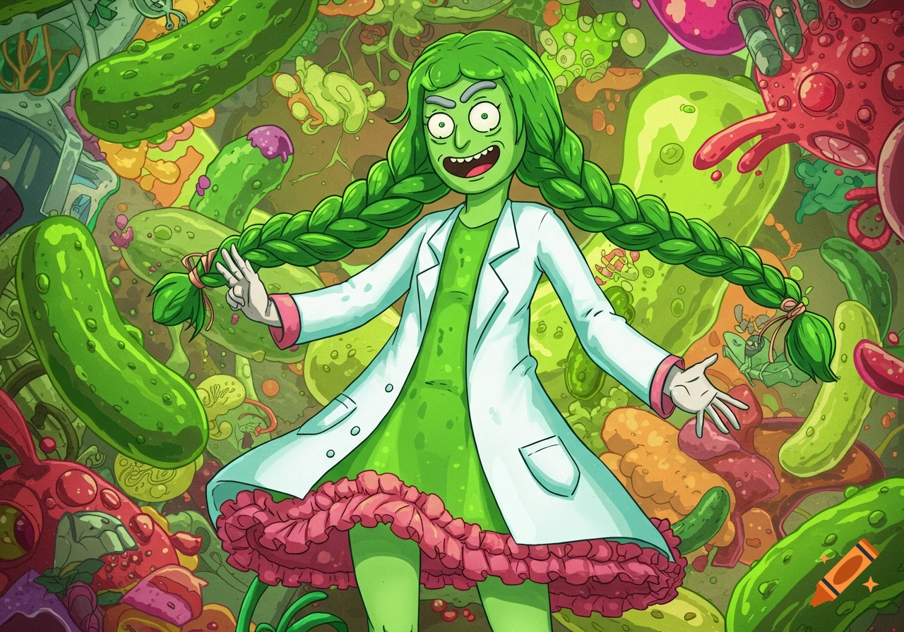 Cartoon art of a green-skinned girl with braided hair in a lab coat, surrounded by pickles. on ...