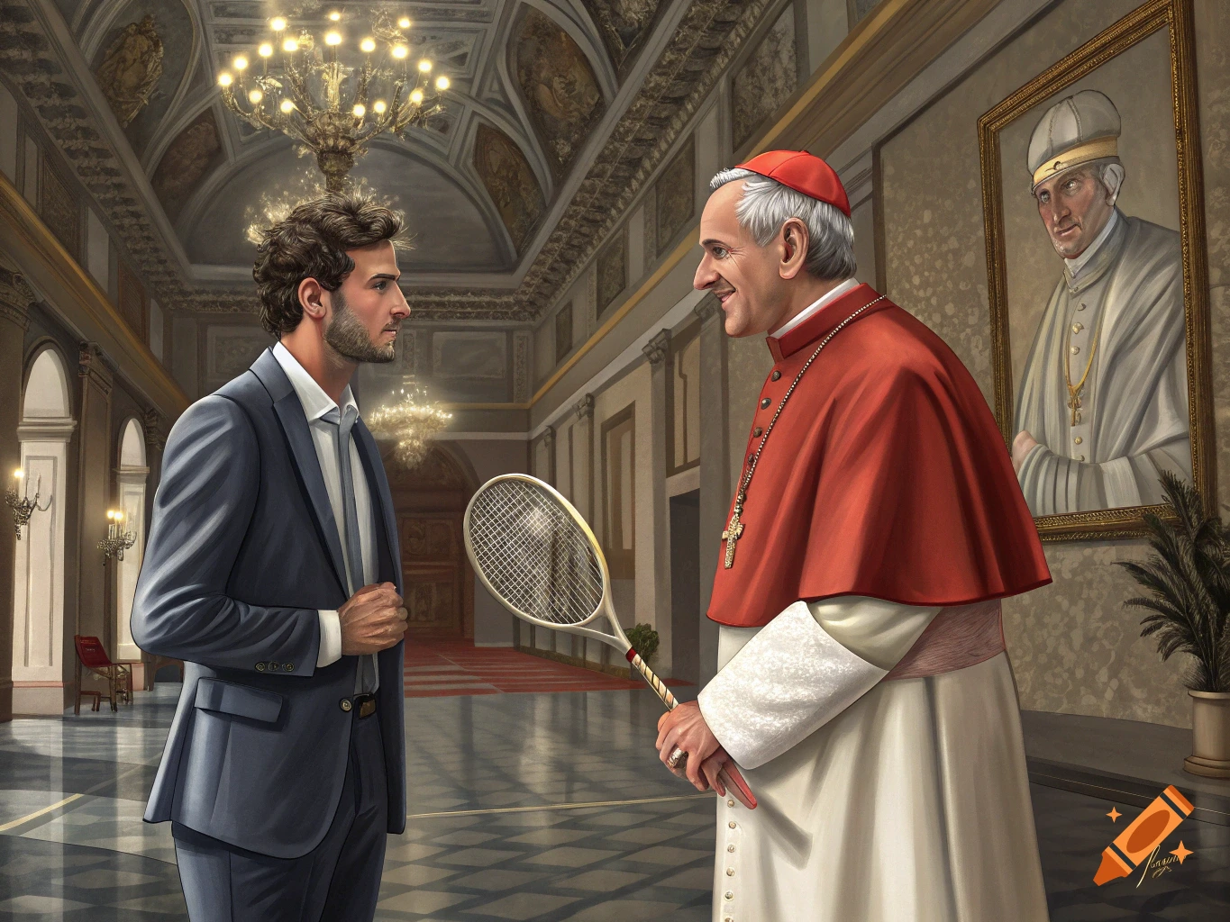 Man in suit talks to cardinal holding tennis racket in grand room. on ...