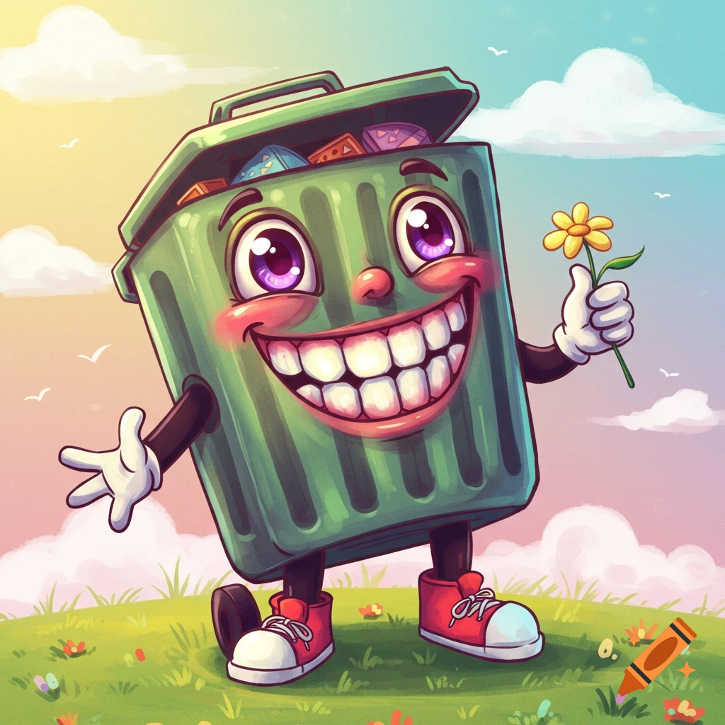 Cartoon mascot of a happy garbage can holding a flower in a field. on ...