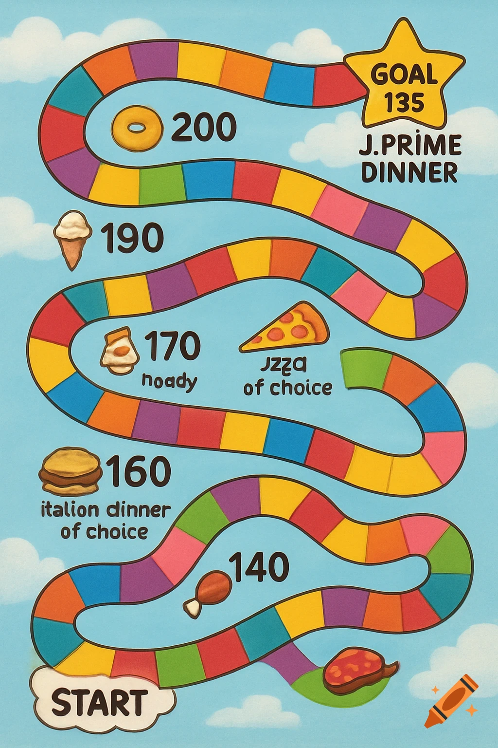 A colorful board game path like Candy Land, winding across a light blue ...