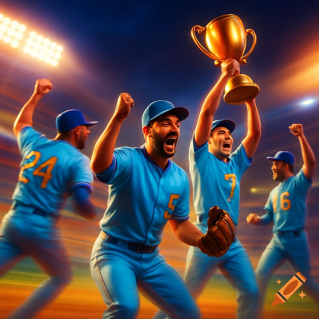 Baseball players celebrate holding a trophy in a stadium. on Craiyon