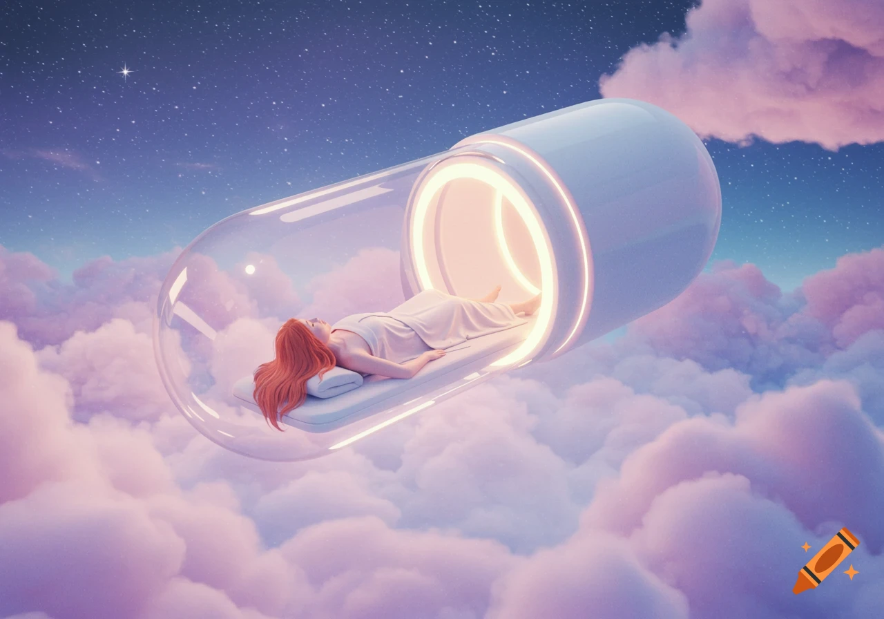 A person rests inside a giant pill capsule floating among pastel clouds ...