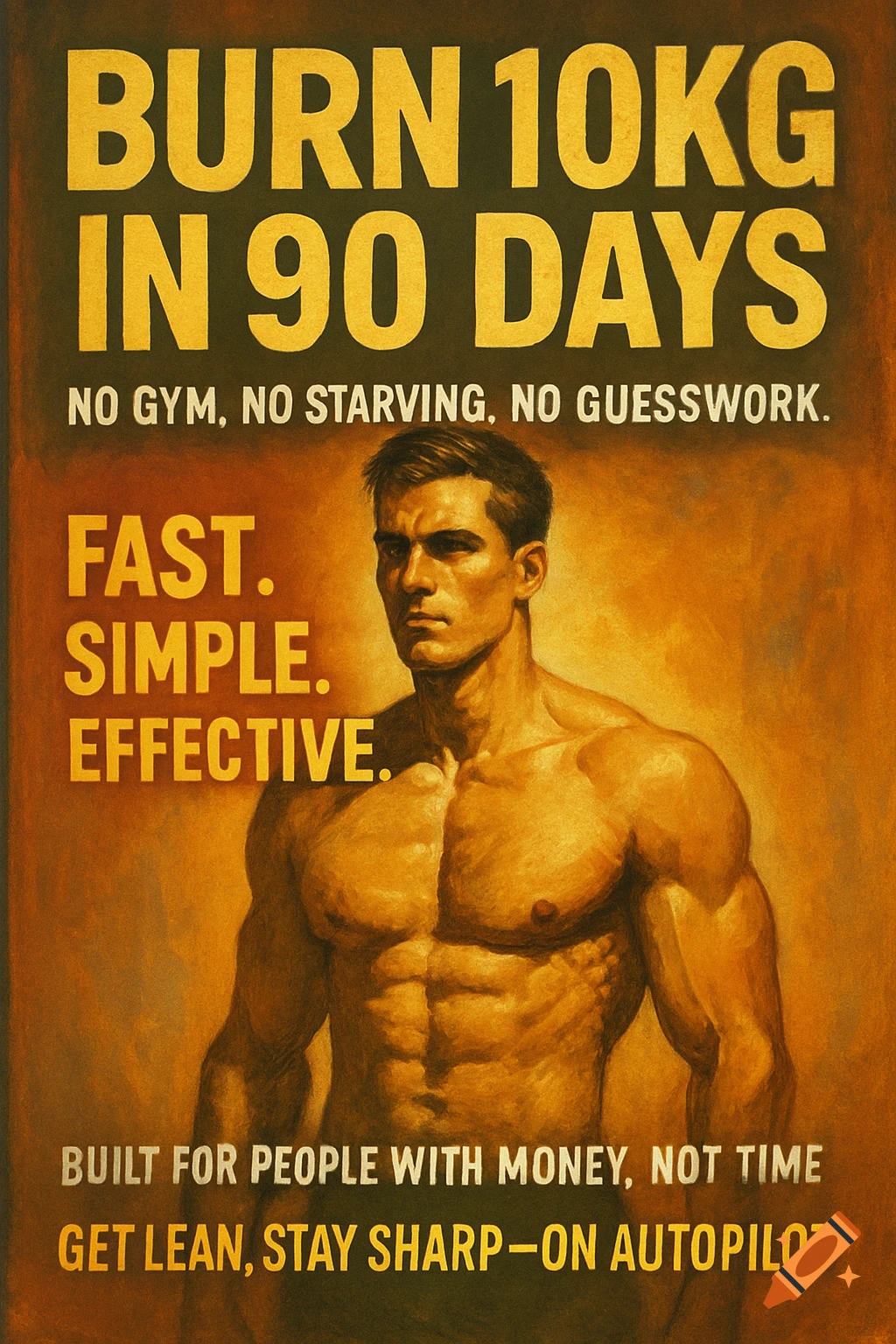 Poster advertising weight loss program featuring muscular man on Craiyon