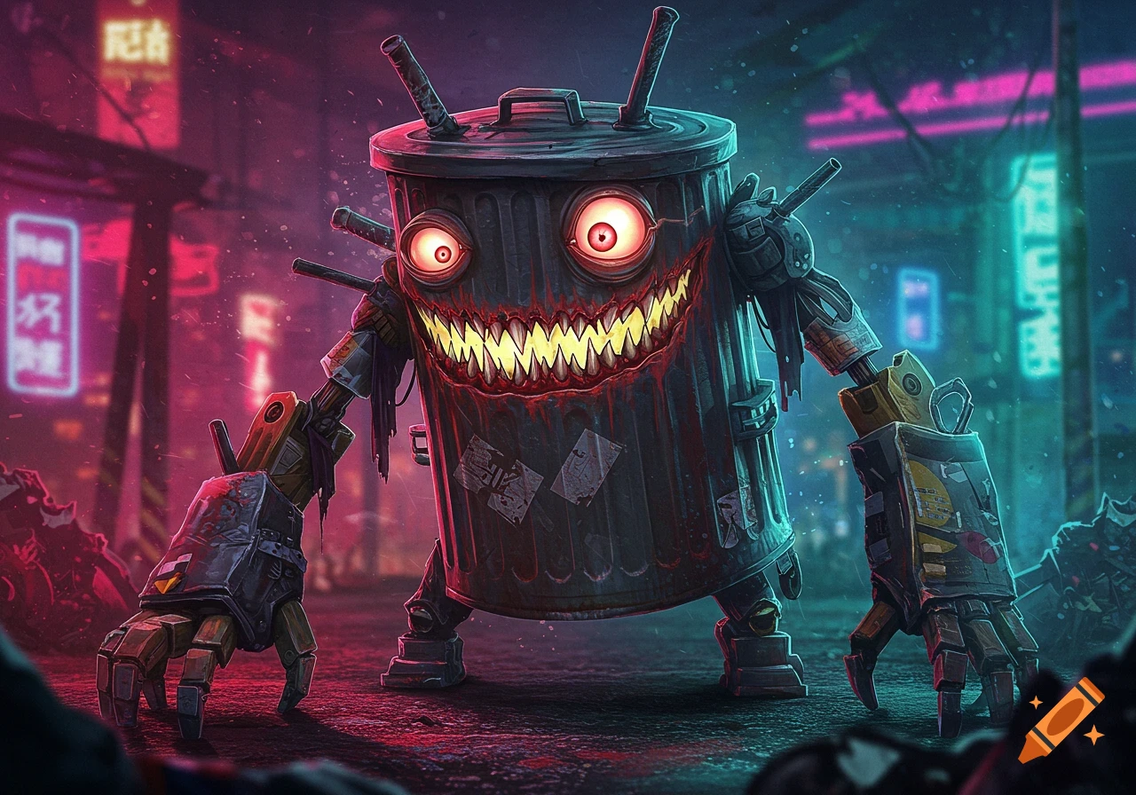 A trash can monster with glowing red eyes and sharp teeth stands in a ...