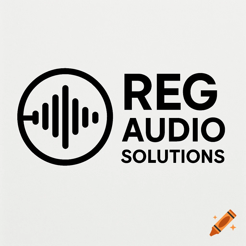 Black and white logo with audio waveform symbol and the text REG AUDIO SOLUTIONS on Craiyon