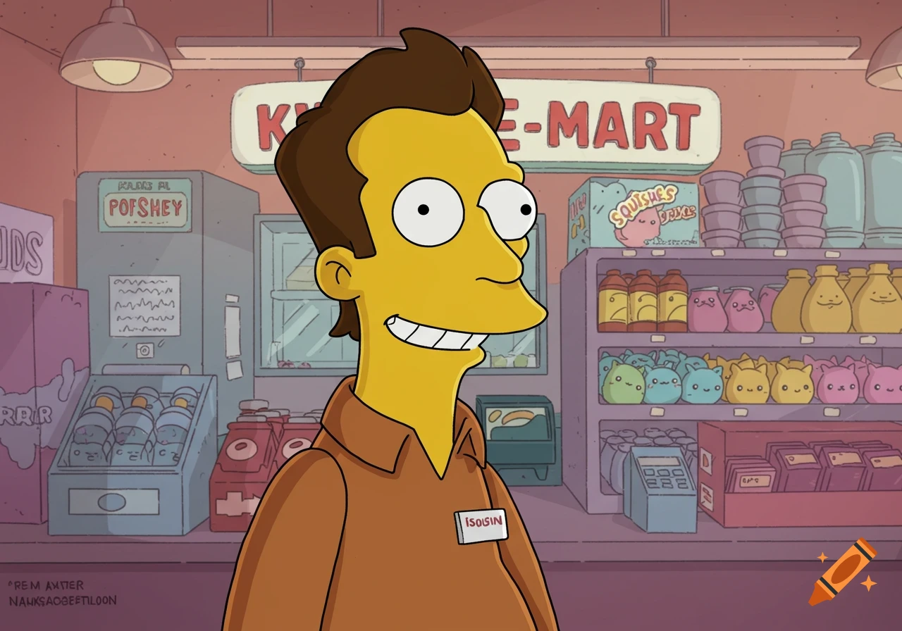 A cartoon man resembling Apu smiles in a store. on Craiyon