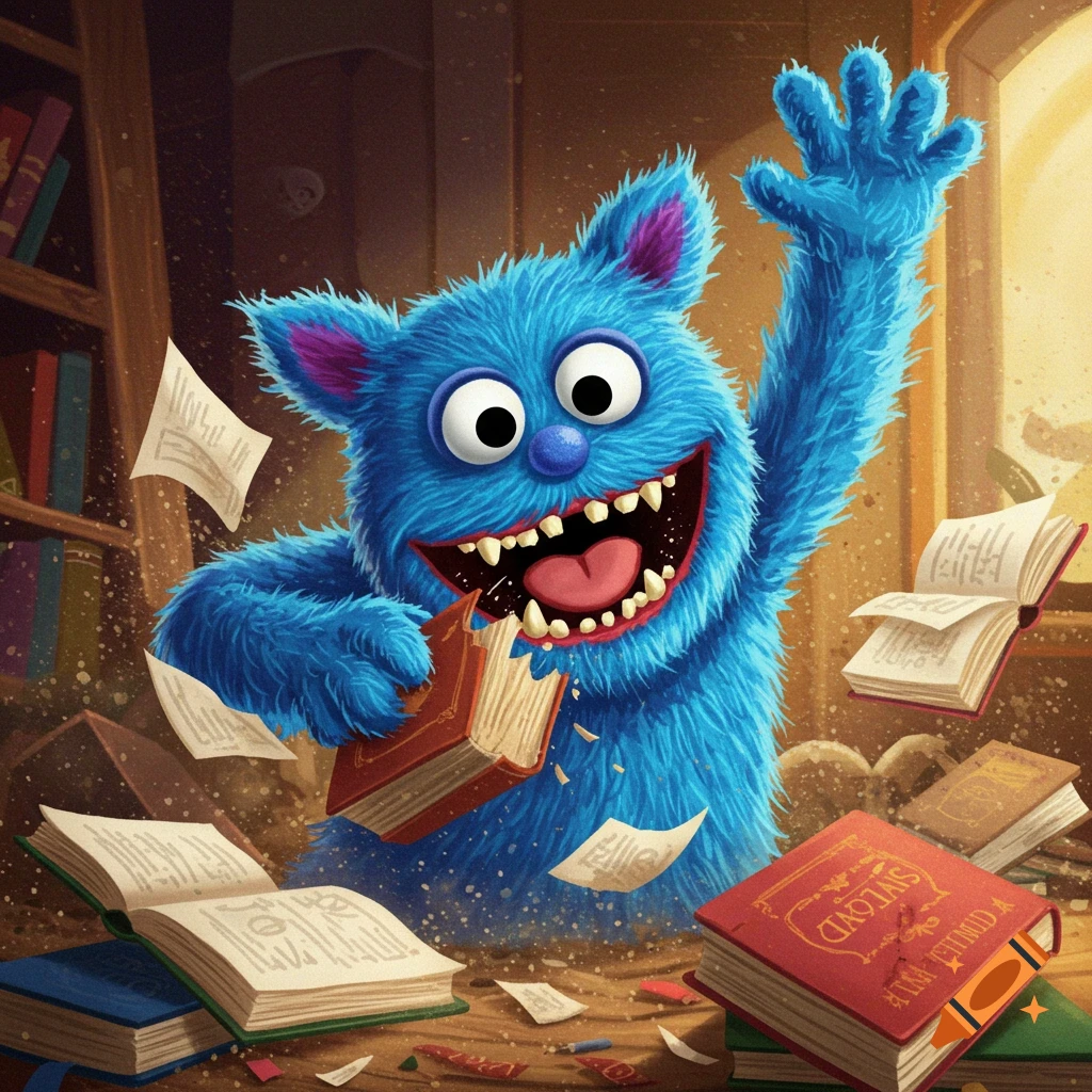A happy blue furry monster rips up a book in a library with papers ...