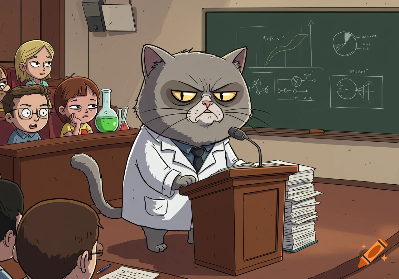 Grumpy cartoon cat in a lab coat lecturing students in a classroom with ...