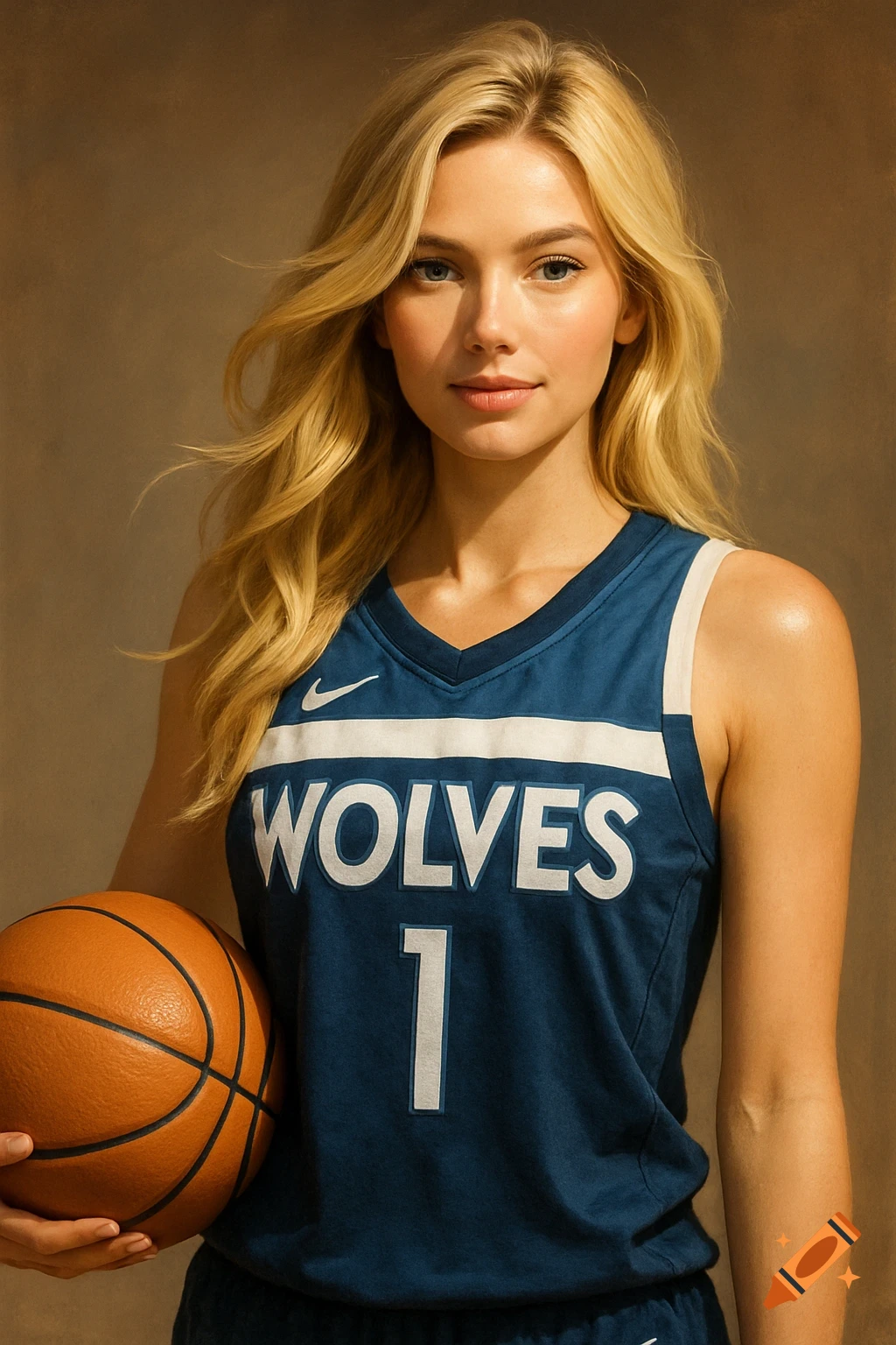 A blonde woman in a Timberwolves basketball jersey holds a basketball ...