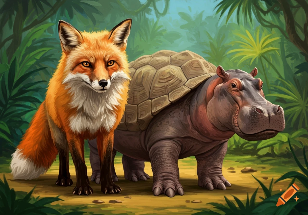 A hybrid creature, part fox, part hippo, part turtle, stands in a ...