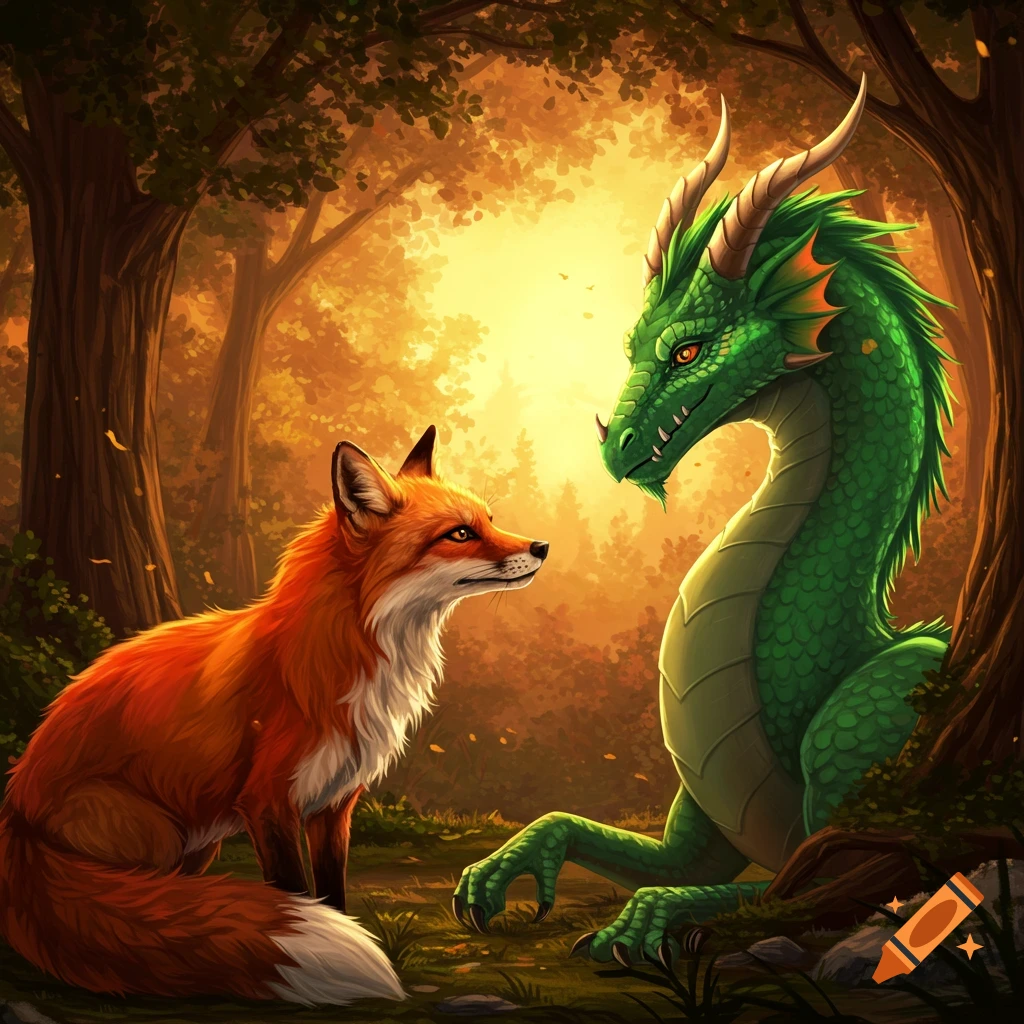 A red fox faces a green dragon in a sunlit forest fantasy illustration ...