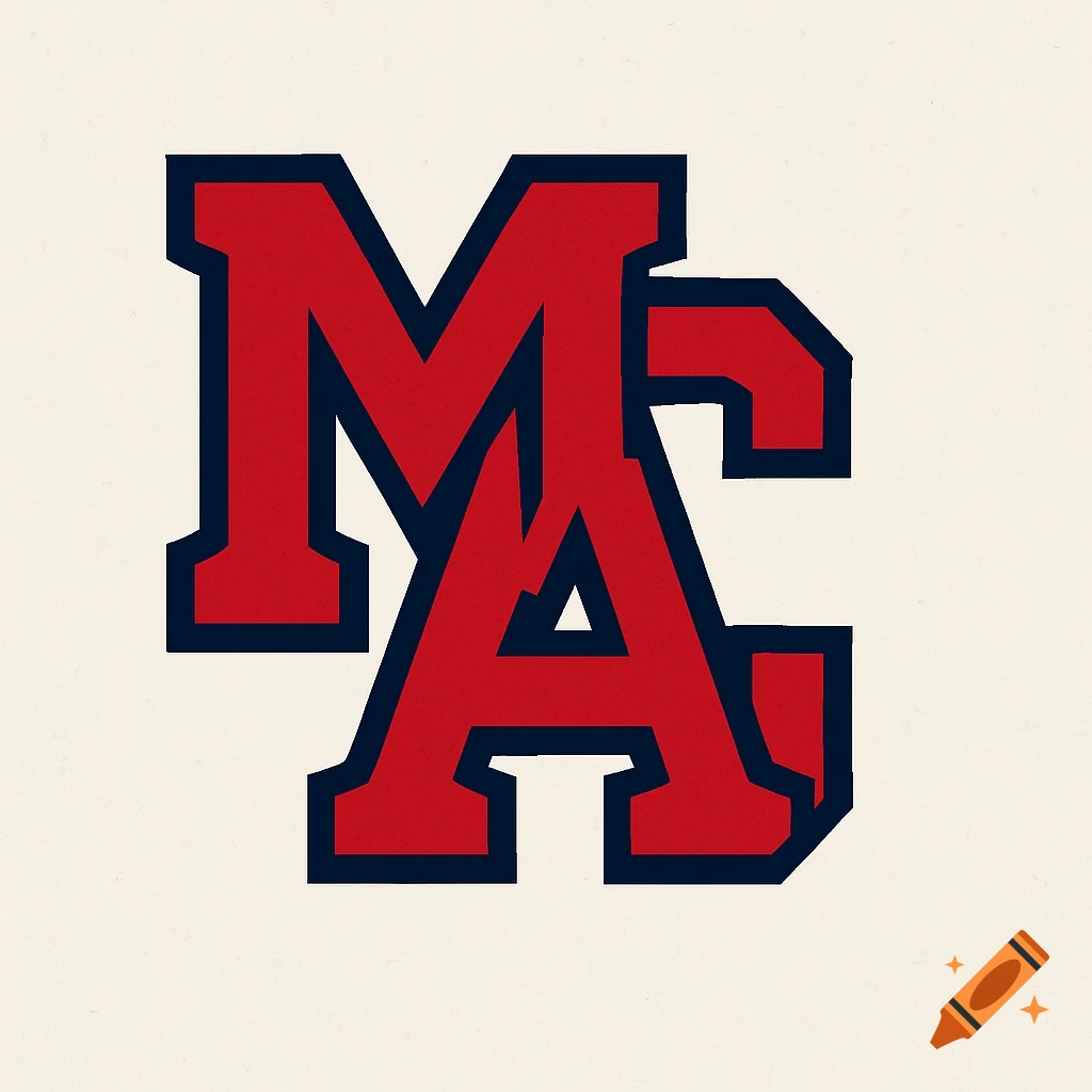 Red and blue athletic style monogram logo with letters MCA. on Craiyon