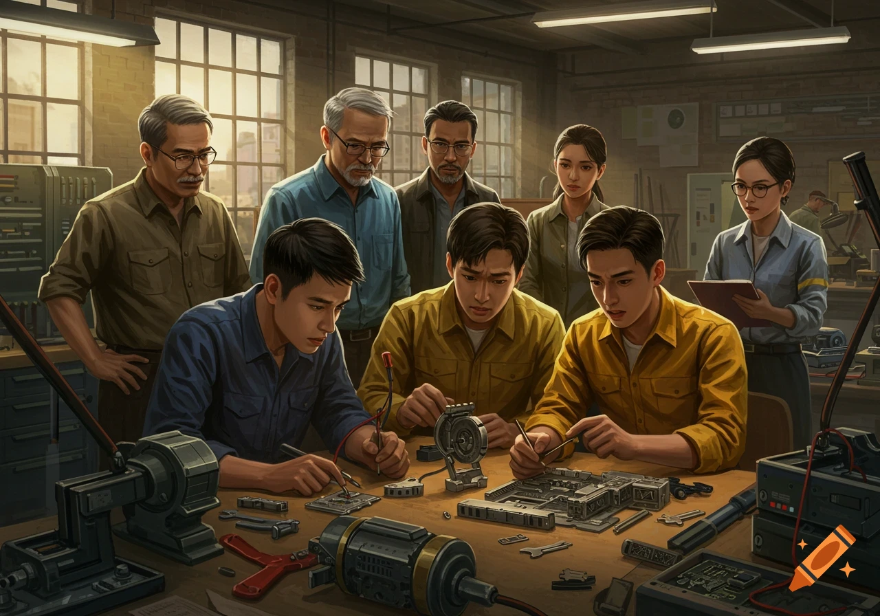 Group of engineers in a workshop watching younger colleagues work on electronic components. on ...