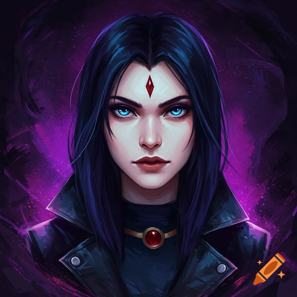 Character portrait of Raven from Teen Titans with glowing blue eyes and ...