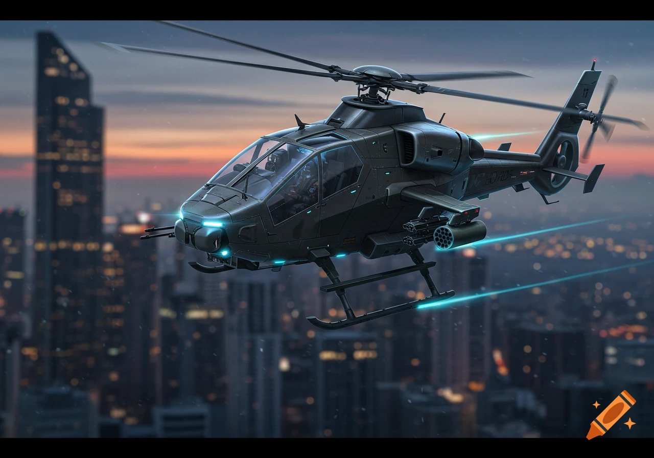 Dark military helicopter flying above a city skyline at dusk with blue ...