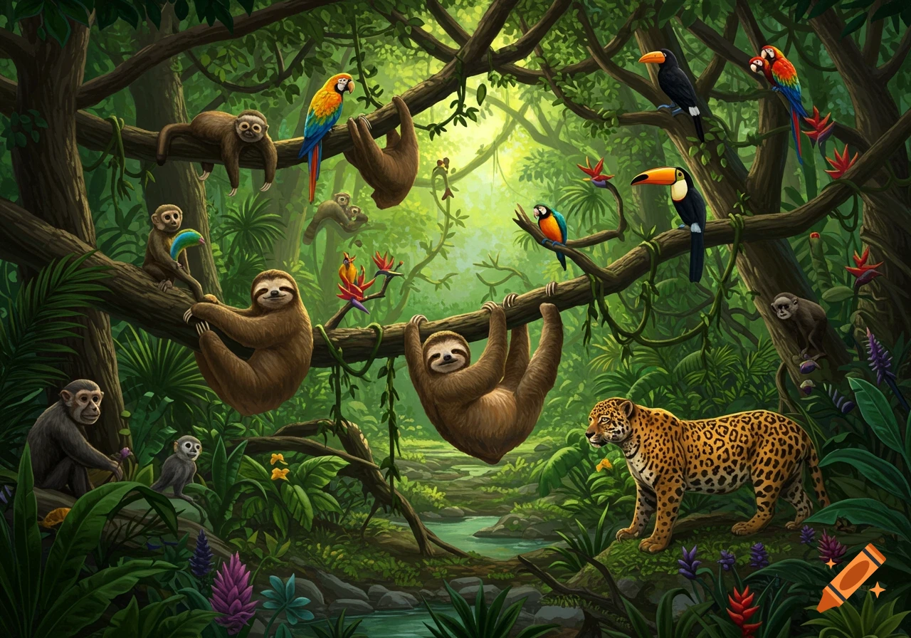 An illustration of sloths, monkeys, birds, and a jaguar in a lush ...