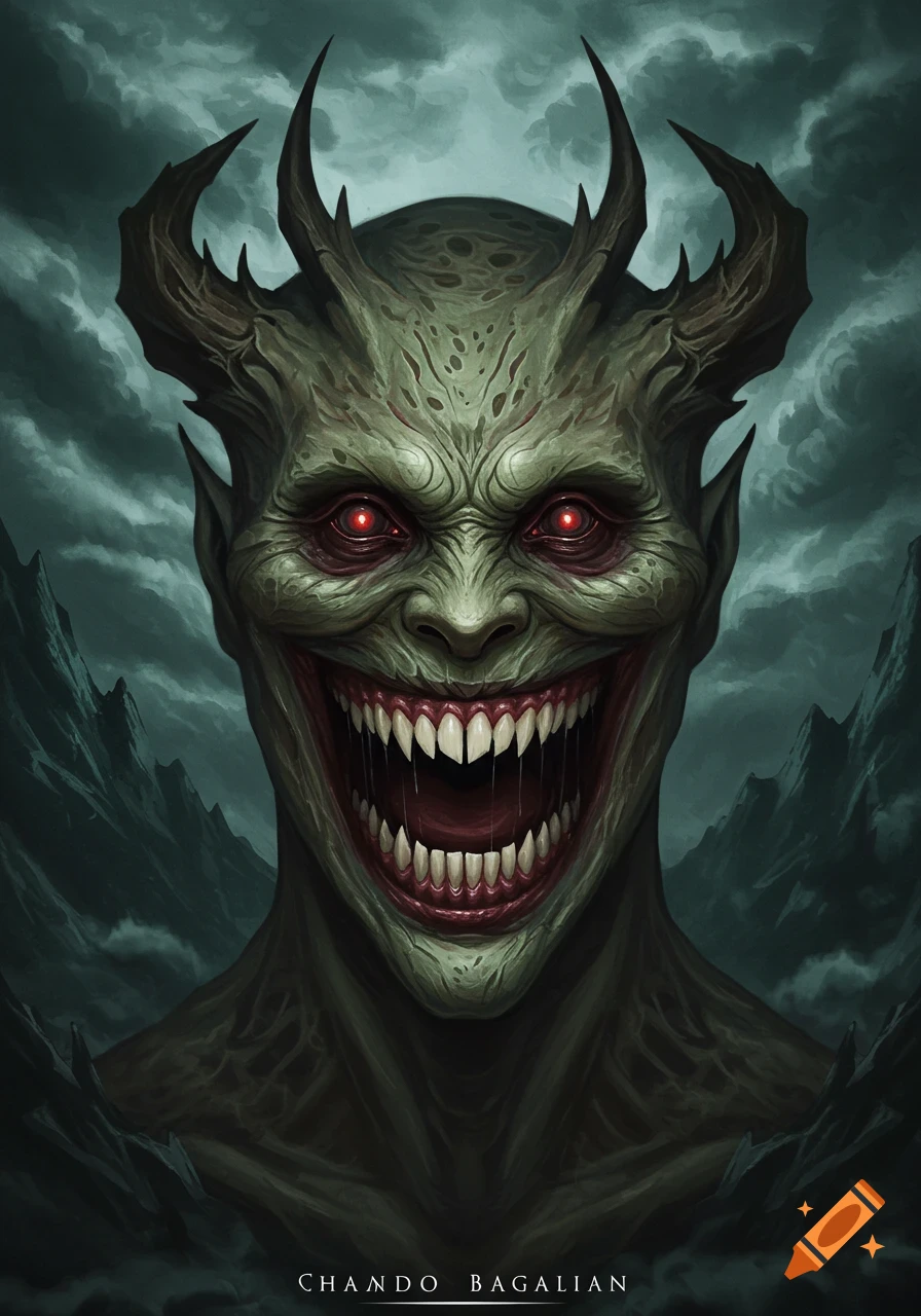 Portrait of a monstrous creature with horns, glowing red eyes, and a wide, sharp-toothed grin ...