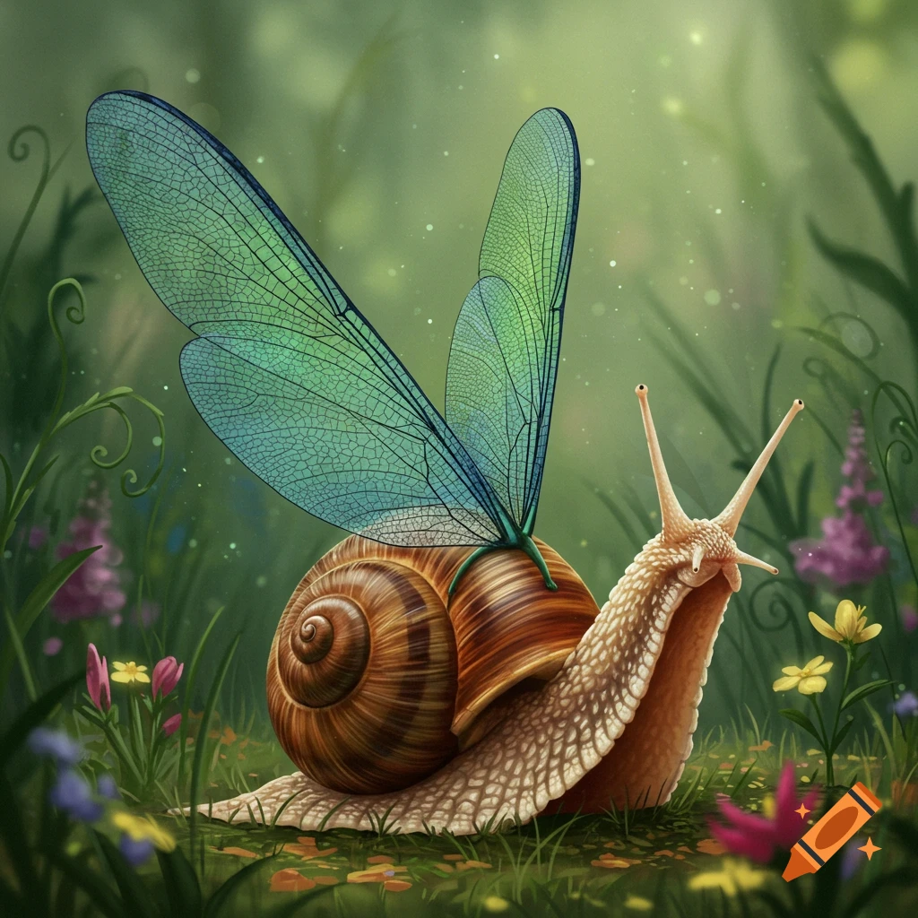 A snail with large, iridescent wings sits in a grassy garden with ...