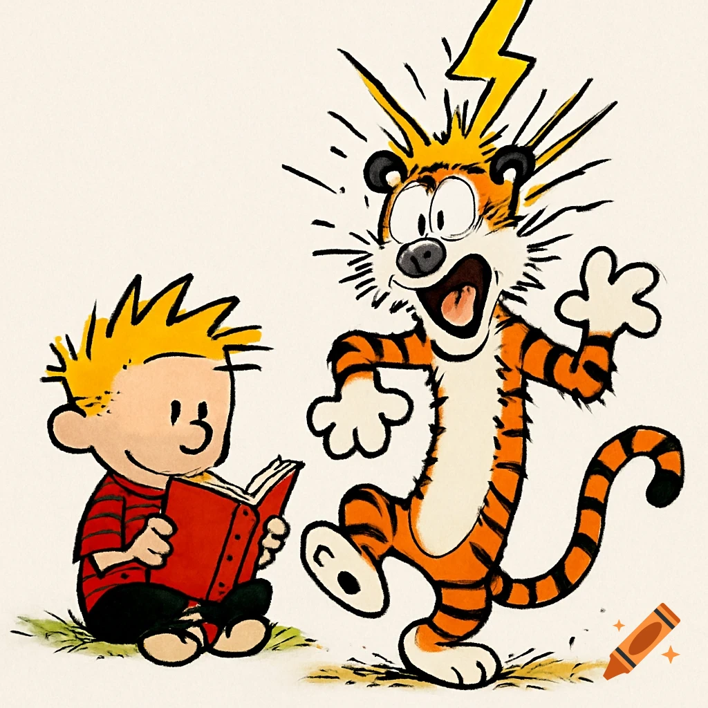 Calvin sits reading a book while Hobbes is struck by lightning and ...
