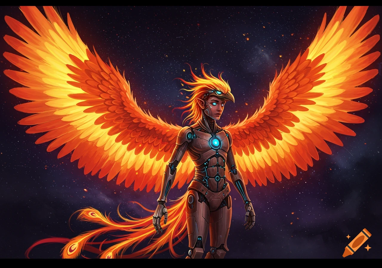 Robot-human hybrid with flaming phoenix wings stands in space. on Craiyon