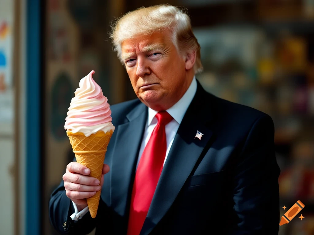 Donald Trump holds a large pink and white soft-serve ice cream cone. on ...