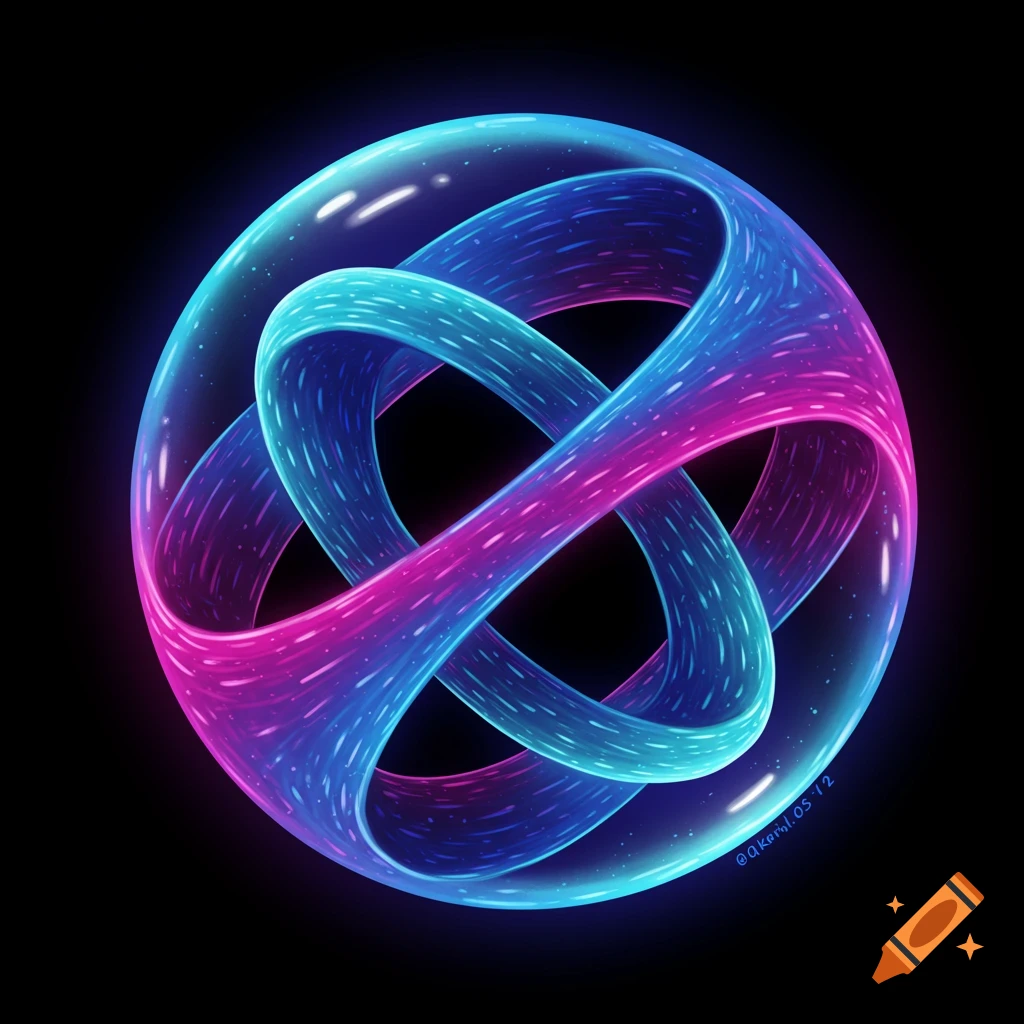 Glowing abstract mobius strip inside a translucent orb, blue and pink ...