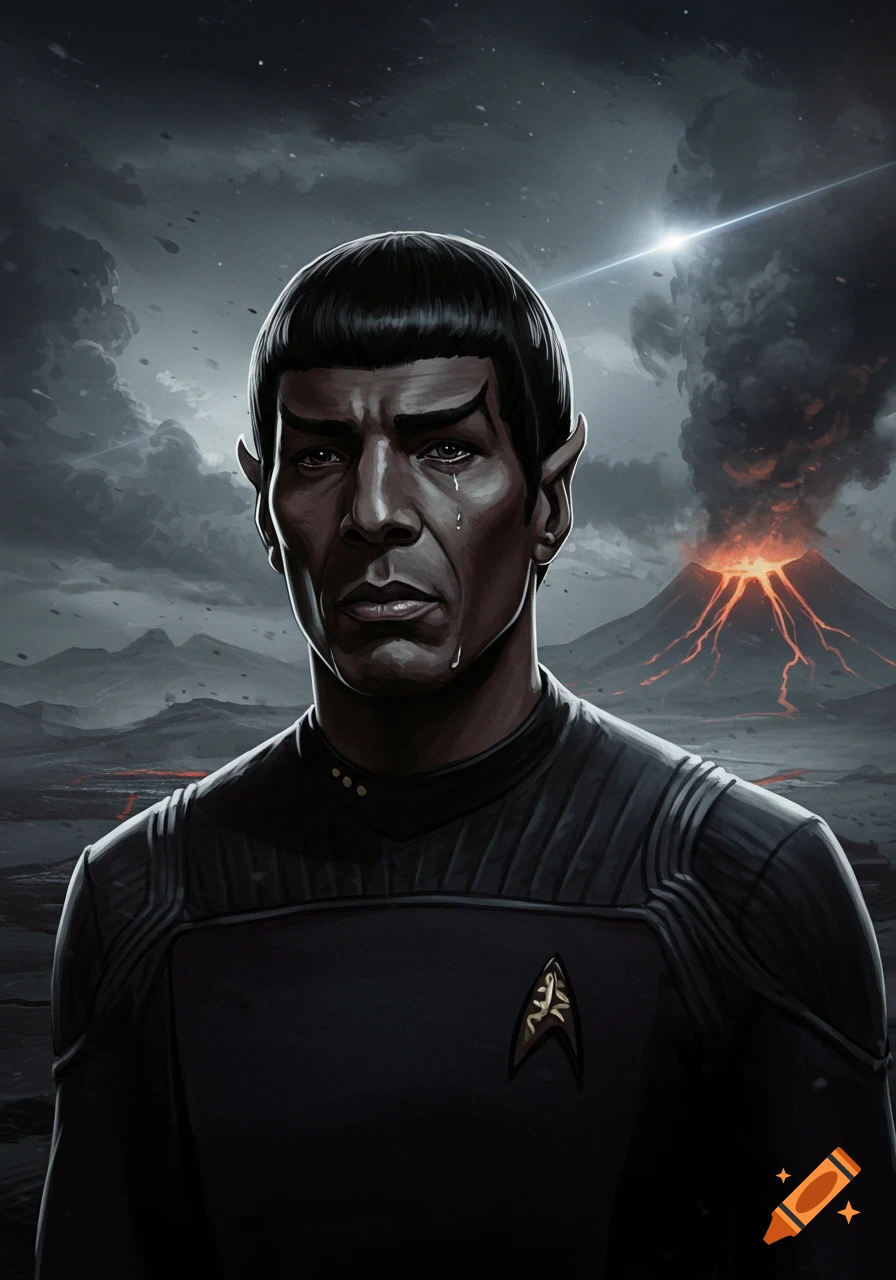 Portrait of a Vulcan (Spock) crying before a volcanic eruption on Craiyon