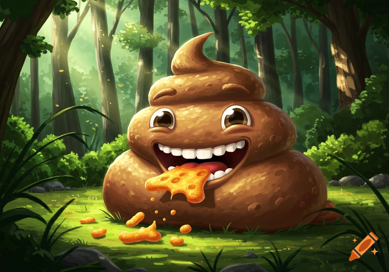 A cartoonish pile of poop character with a face eats a Cheeto in a ...