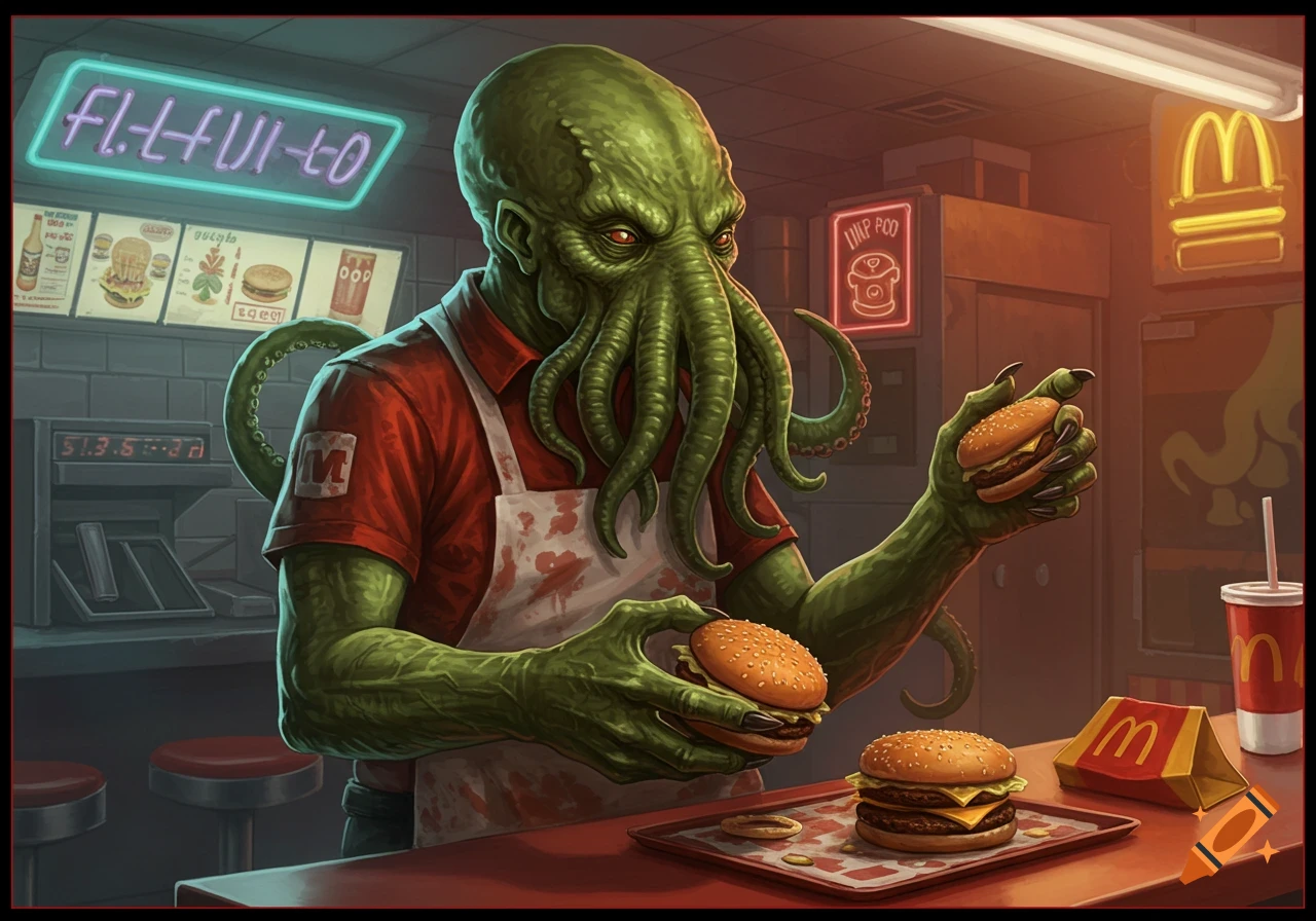 A Cthulhu-like creature works behind a fast food counter, holding ...