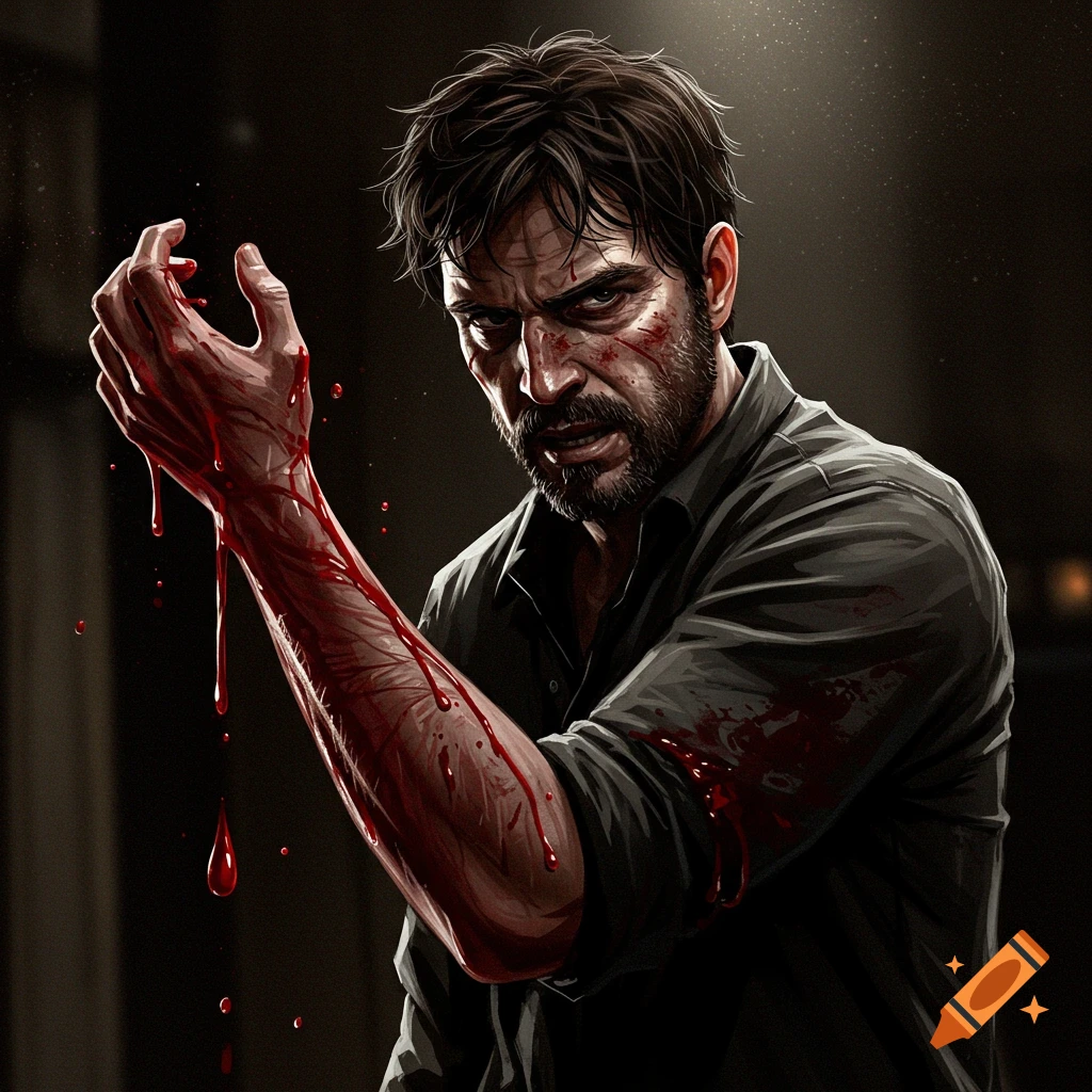 Illustration of a man with a bloody arm dripping blood on Craiyon