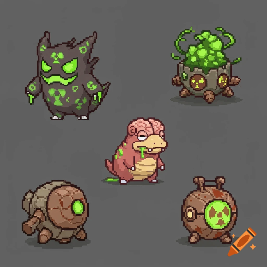 Pixel art concept sprites of multiple creatures with a nuclear waste ...