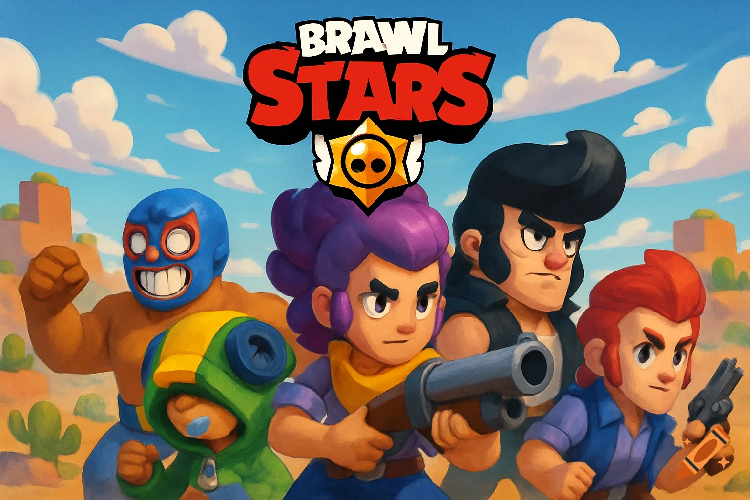 Characters from the mobile game Brawl Stars stand together in a desert ...