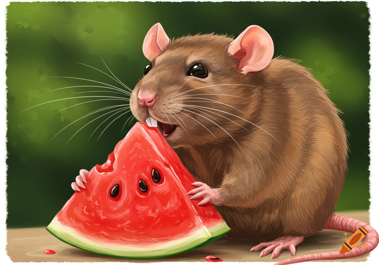 Illustration of a brown rat eating a slice of watermelon outdoors on ...