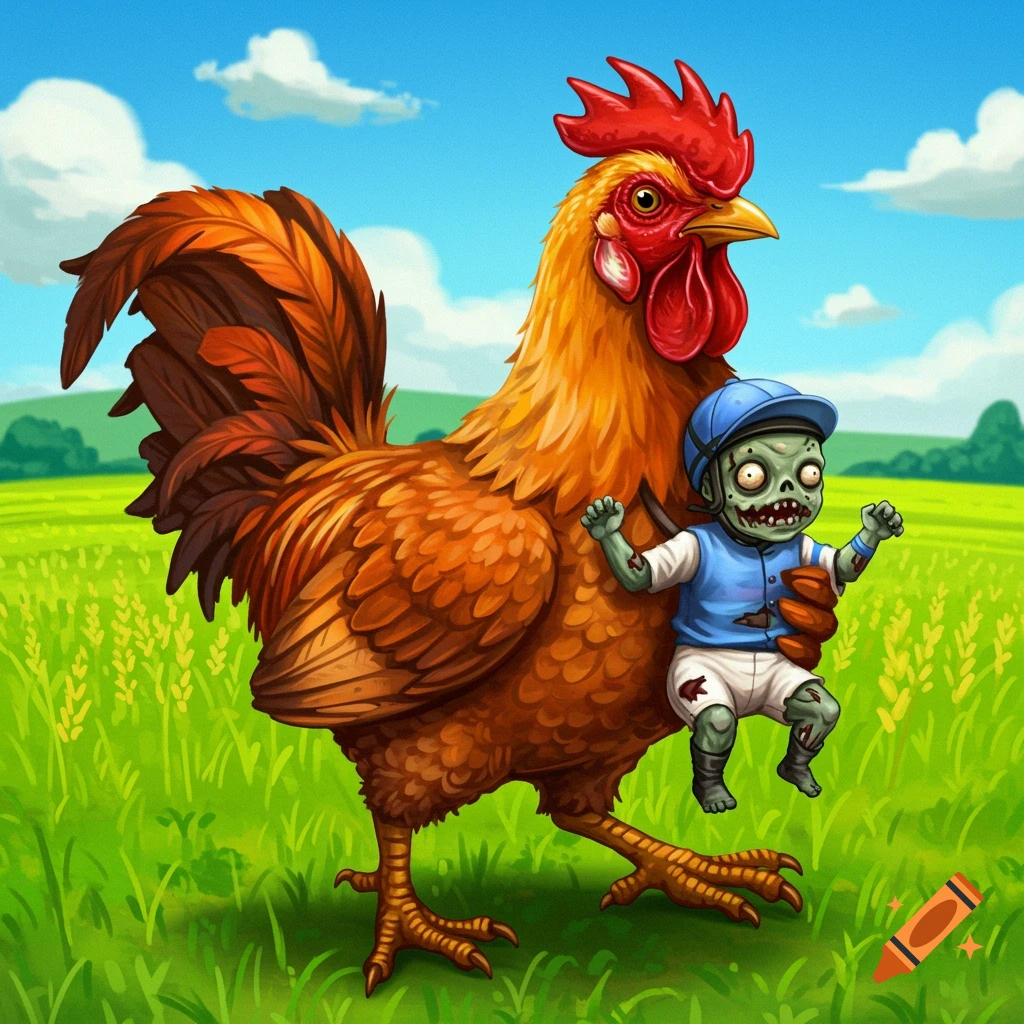A cartoon zombie child rides on the back of a large chicken through a ...