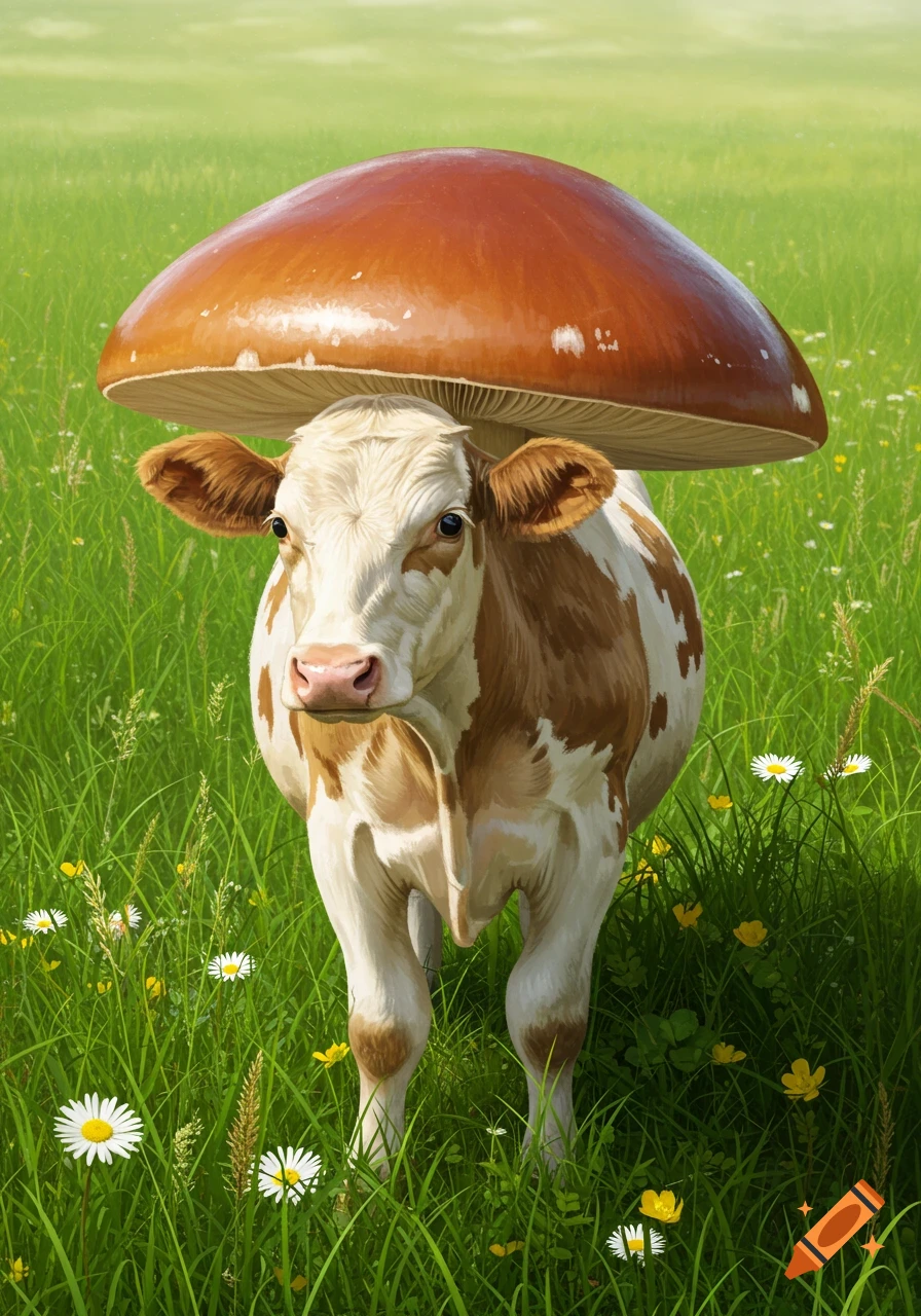 Realistic cow standing in a grassy field with a large mushroom on its ...