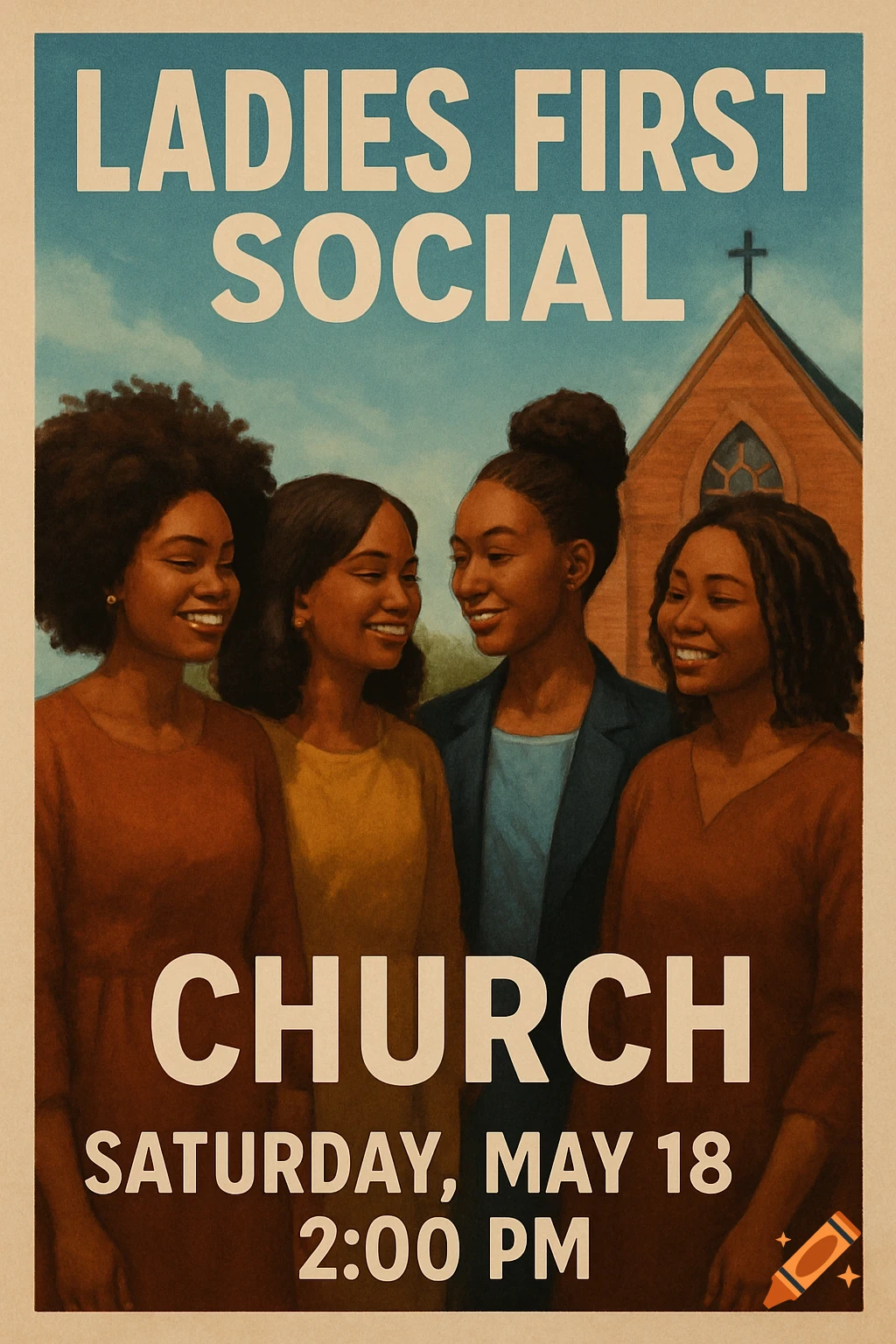 Poster for a church social event featuring four smiling women standing ...