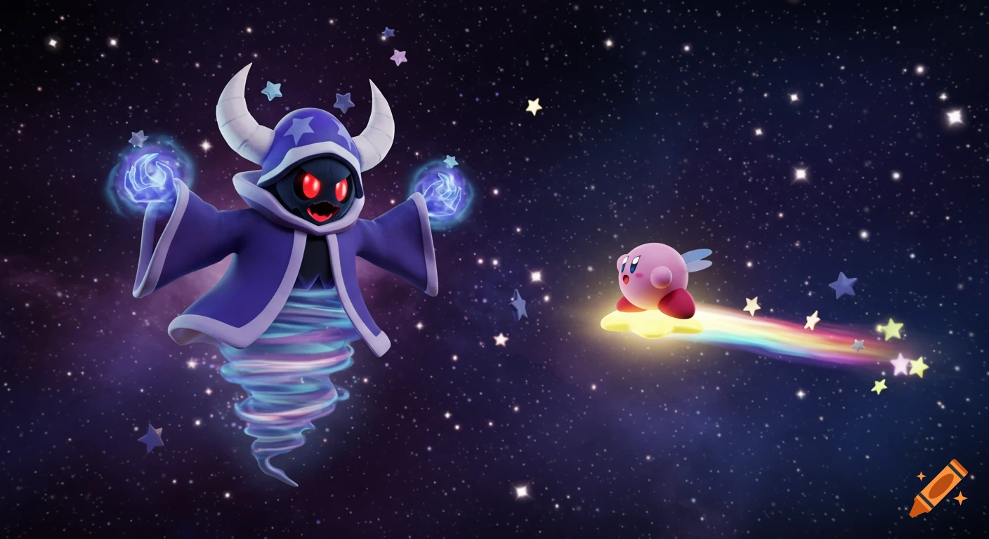 Nightmare battles Kirby flying on a Warp Star with a rainbow trail in a ...