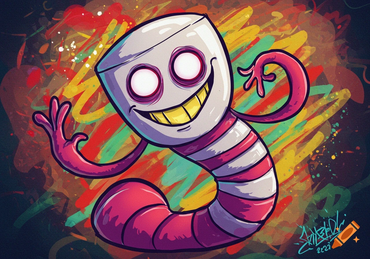A cartoon worm character with a wide smile and large eyes, against a ...