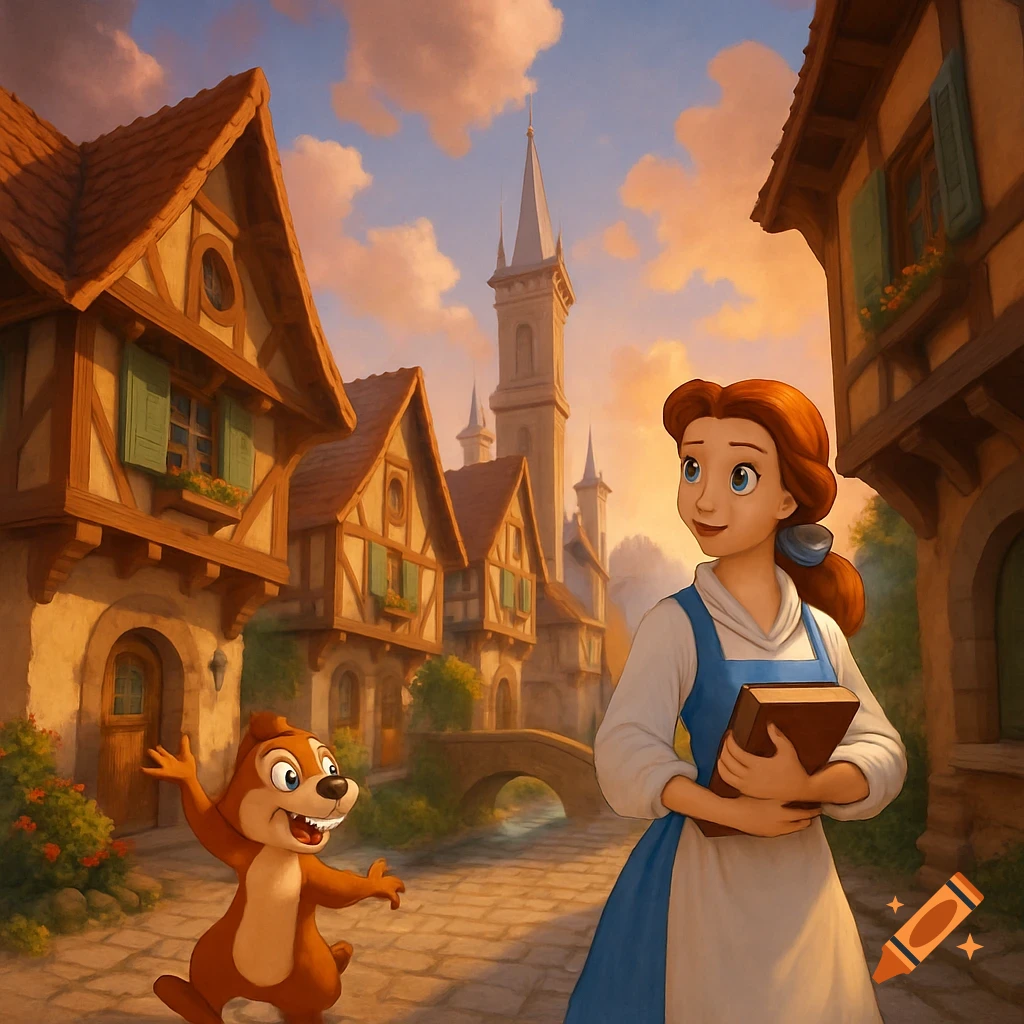 Belle and a cartoon chipmunk stand on a village street with houses, a ...