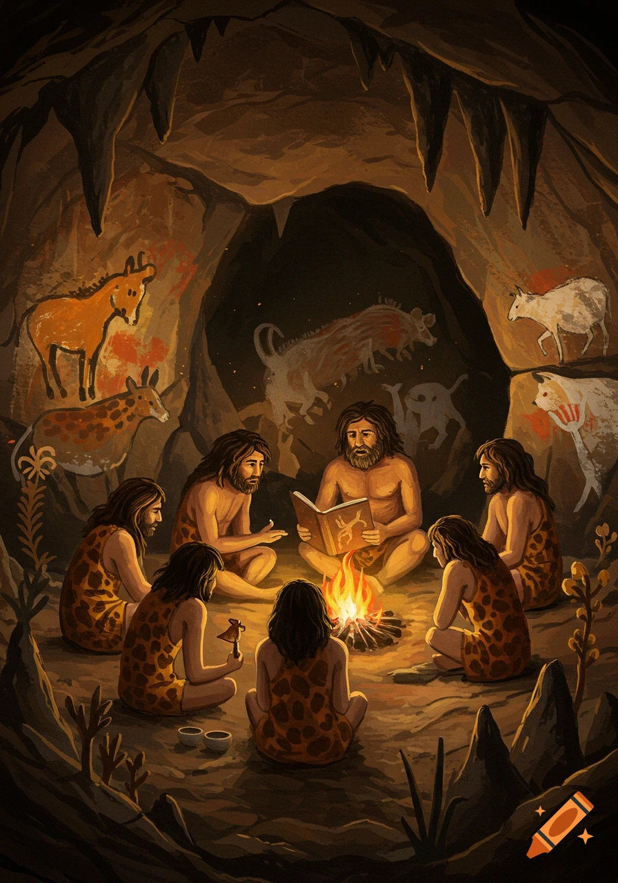 Illustration of cavemen holding a book club meeting around a fire in a ...