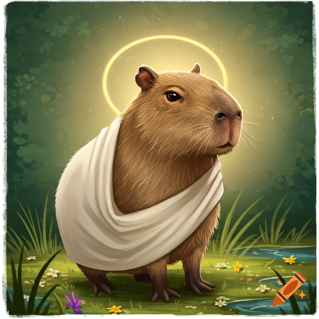 Illustrative capybara with a halo and white robe standing in a grassy ...