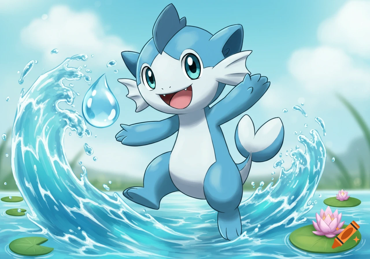Cartoon water creature resembling a Pokemon splashes in a pond with ...