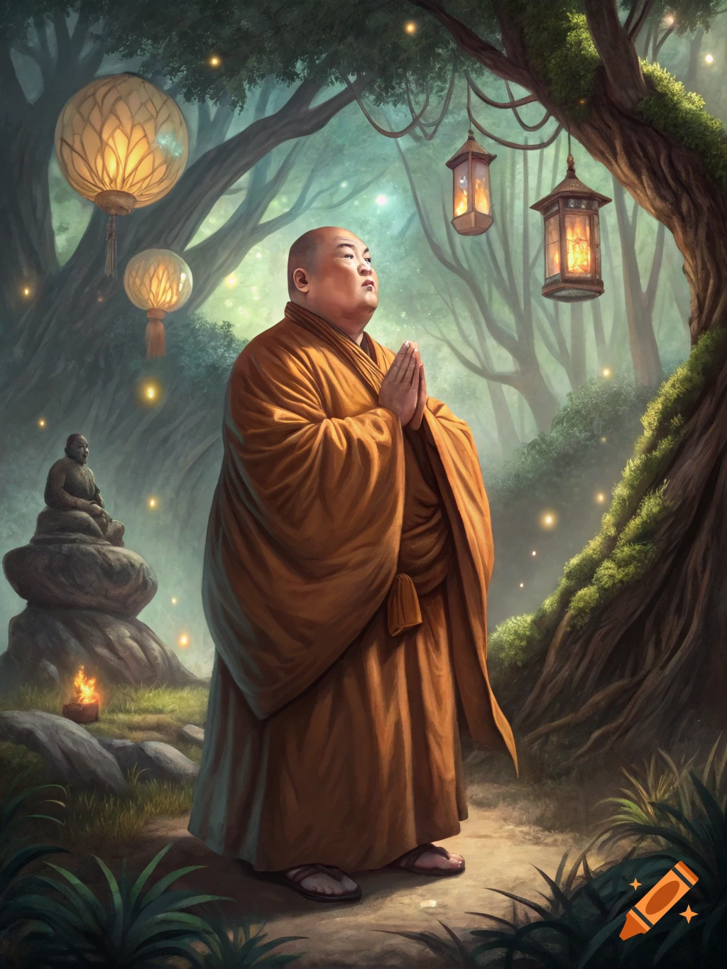 A monk in orange robes stands praying in a mystical forest lit by ...