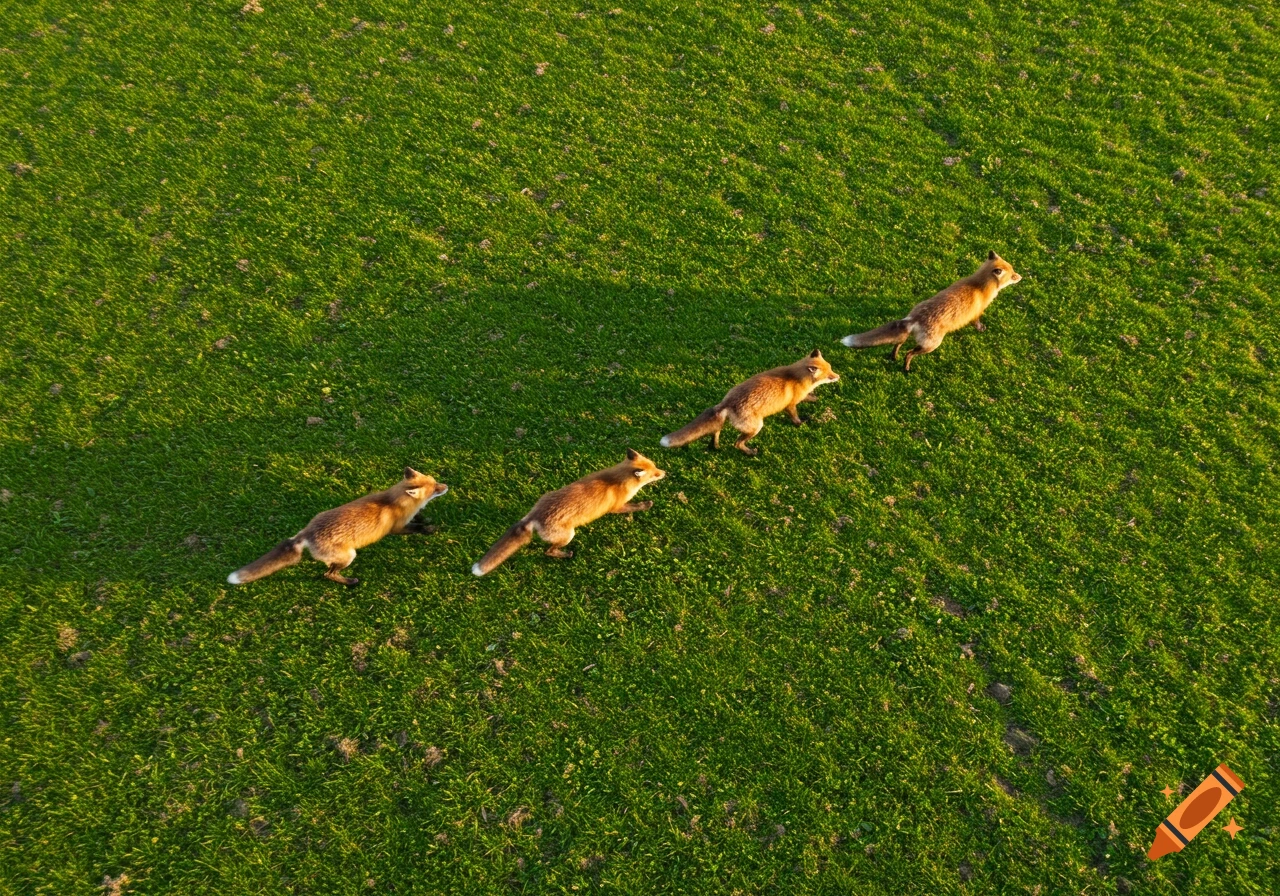 Four red foxes run across green grass from an aerial view. on Craiyon