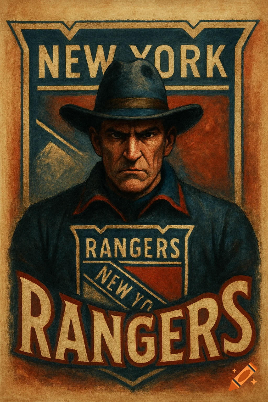 Portrait of a stern man in a hat and New York Rangers shirt, vintage ...